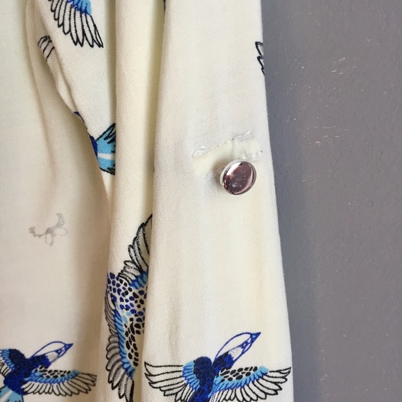 Tops | Ivory Button Down Blouse With Blue Bird Print | Poshmark